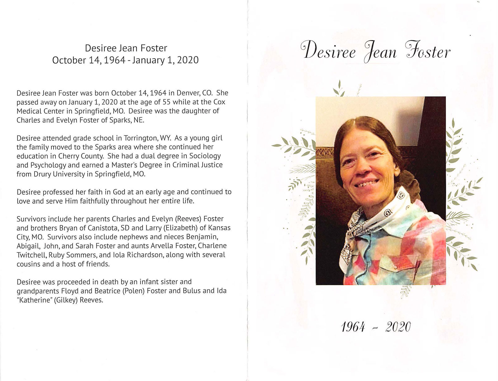 Desiree Jean Foster Funeral Card